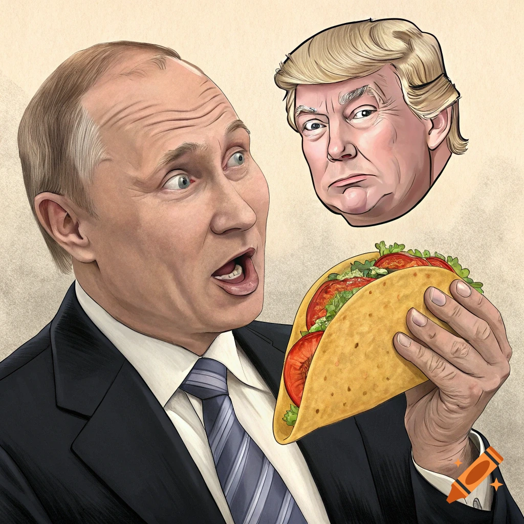 Illustration of Vladimir Putin looking surprised, holding a taco under ...