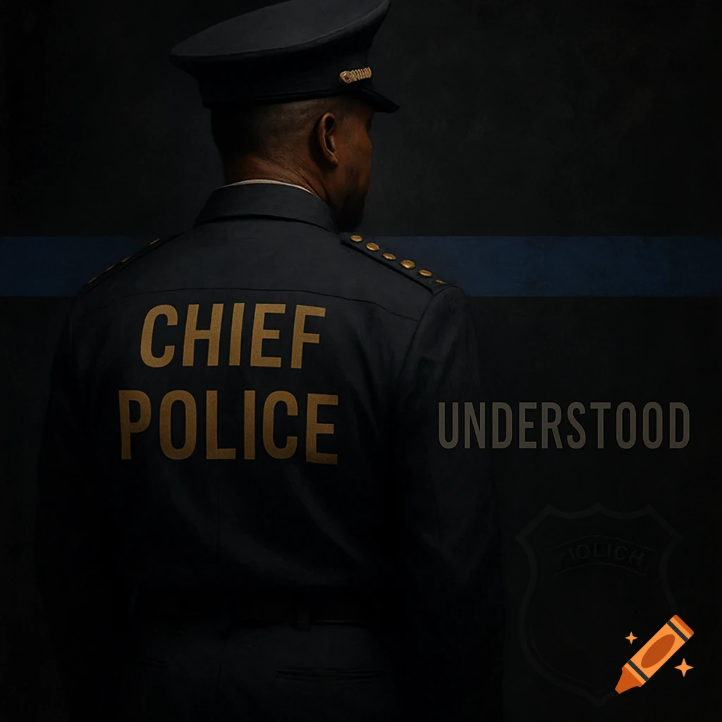 Rear view of a police chief in uniform with a thin blue line behind him ...