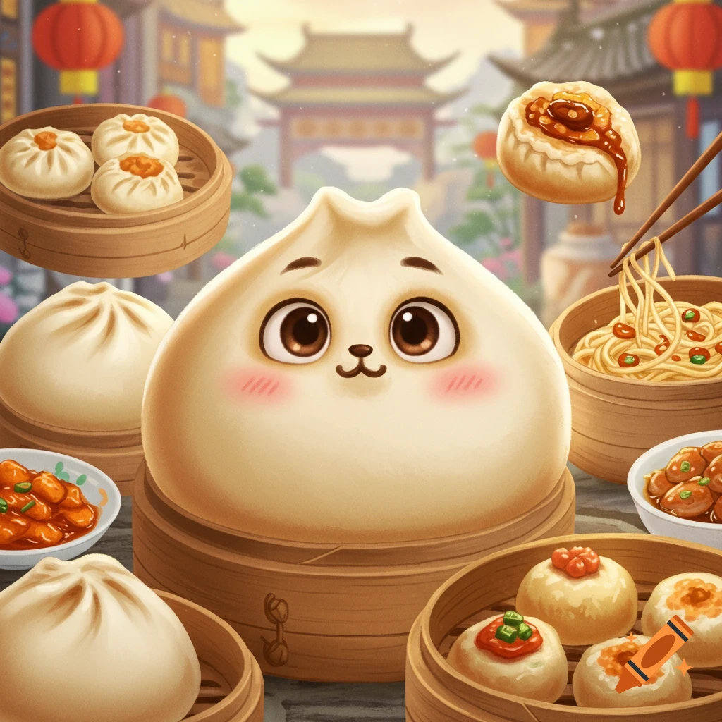 Cute cartoon bao bun character surrounded by dim sum and noodles in a ...