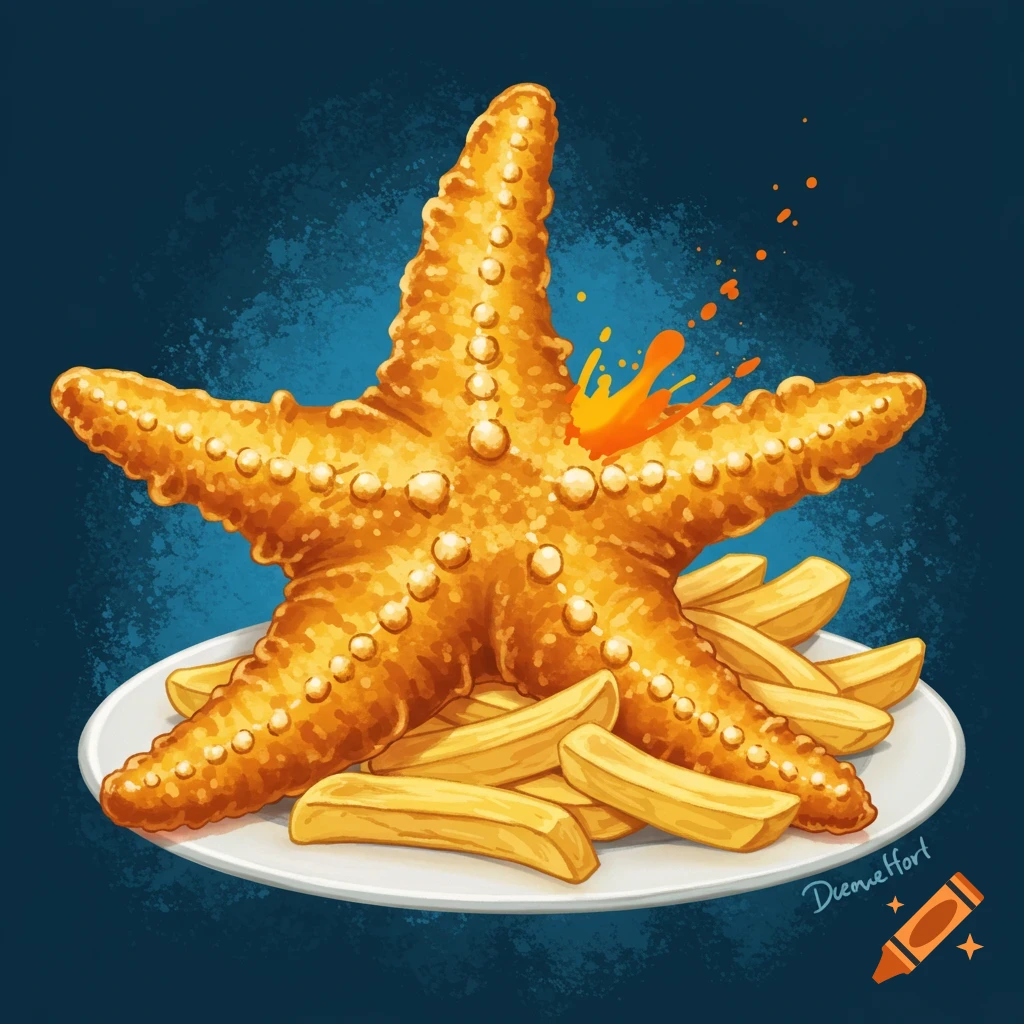 Illustration of a fried starfish on a plate of chips with sauce. on Craiyon