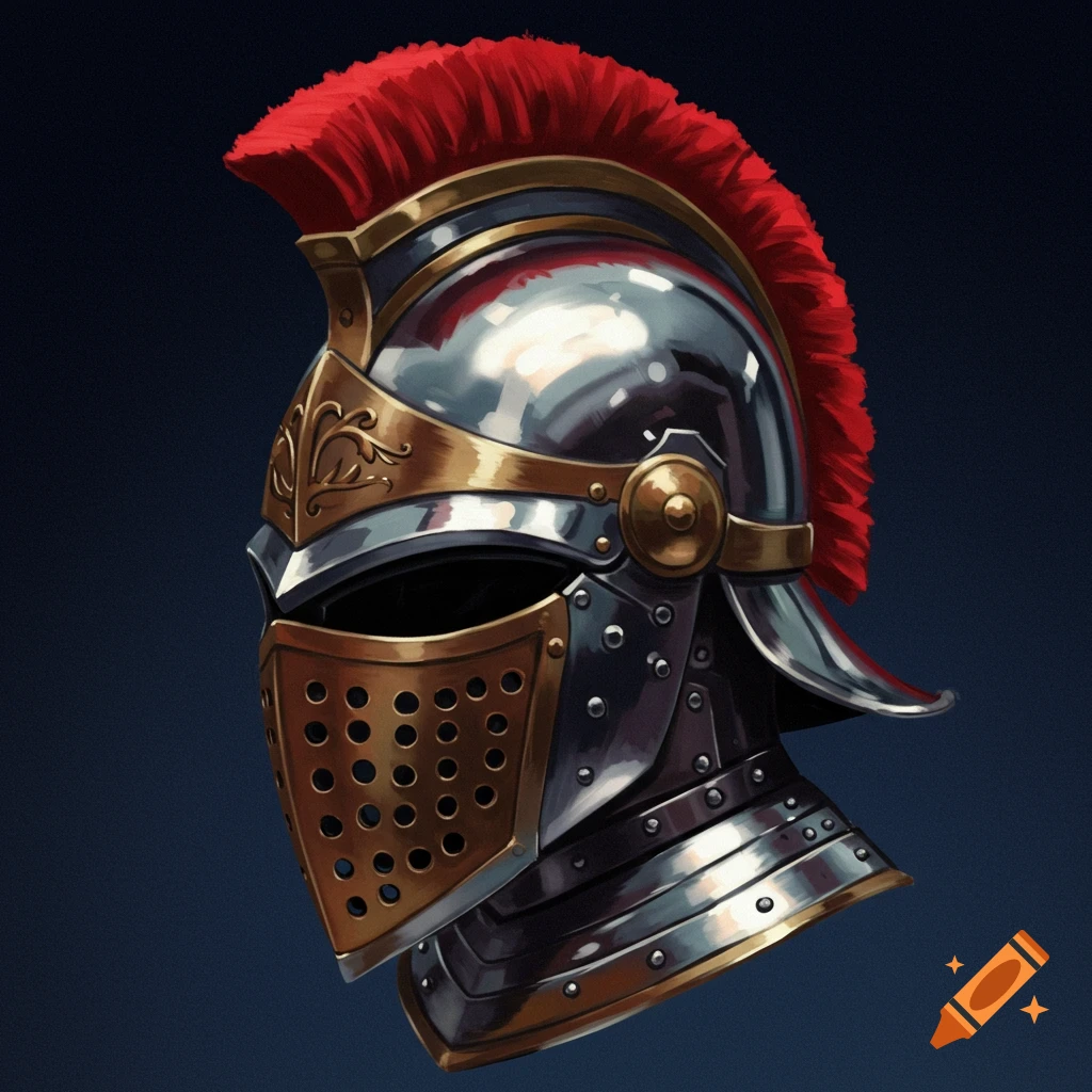 A chrome helmet with bronze visor and red plume. on Craiyon