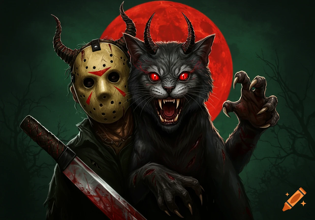 Figure in Jason Voorhees mask with horns stands next to a demonic cat ...