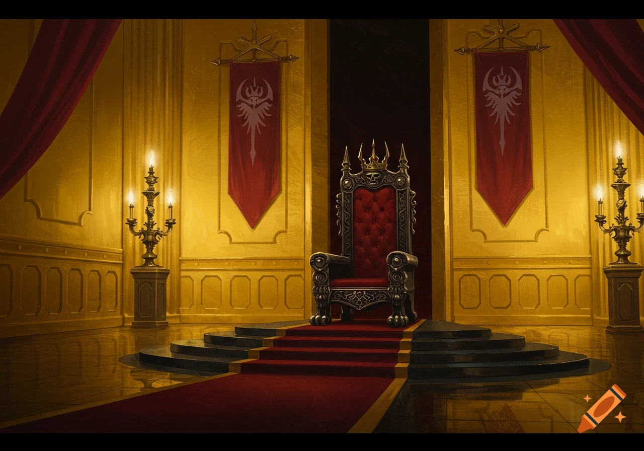 A grand throne room with golden walls, red carpets, a dark throne, and red banners. on Craiyon
