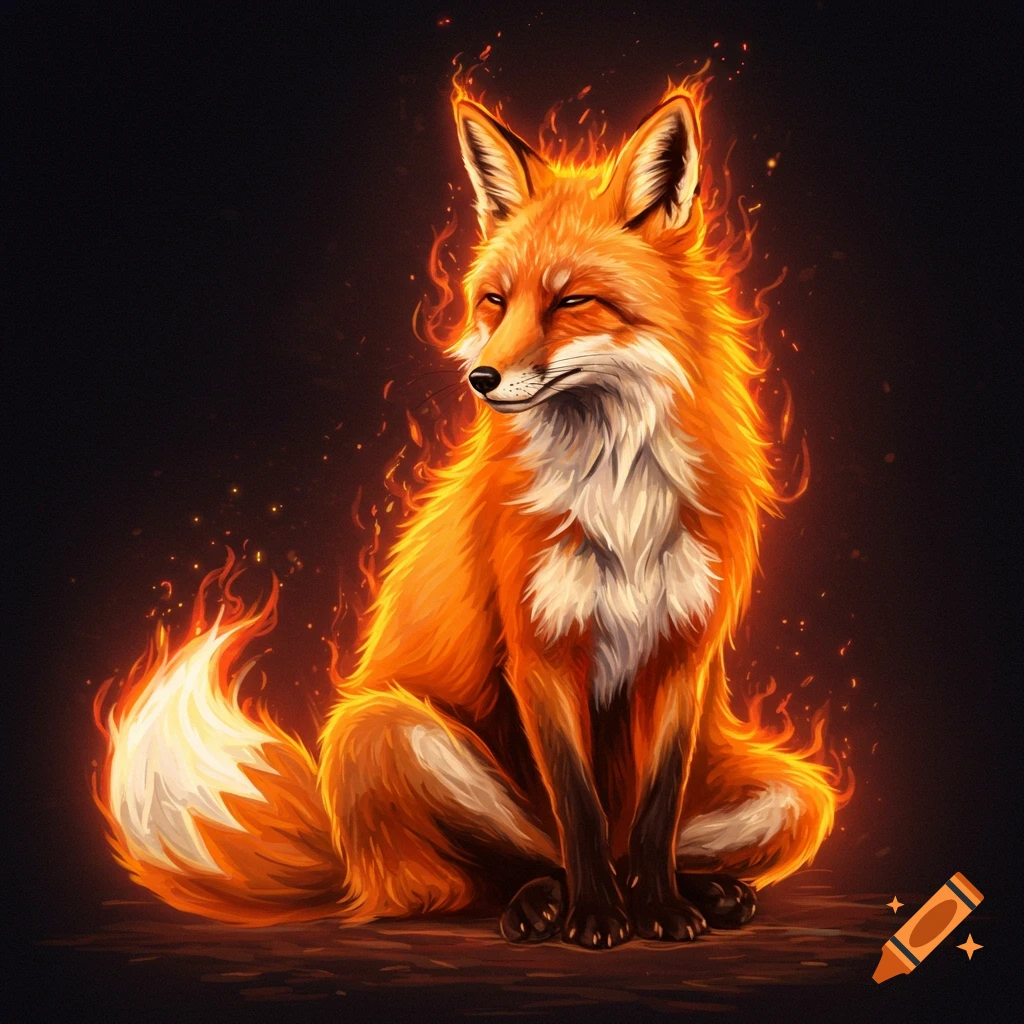 A red fox made of flame sits on a dark background. on Craiyon
