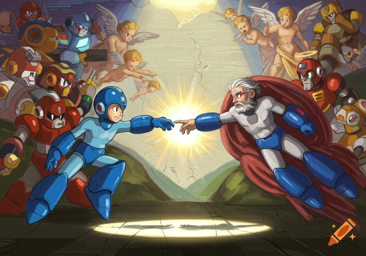 Illustration of Mega Man and Dr. Light parodying The Creation of Adam ...
