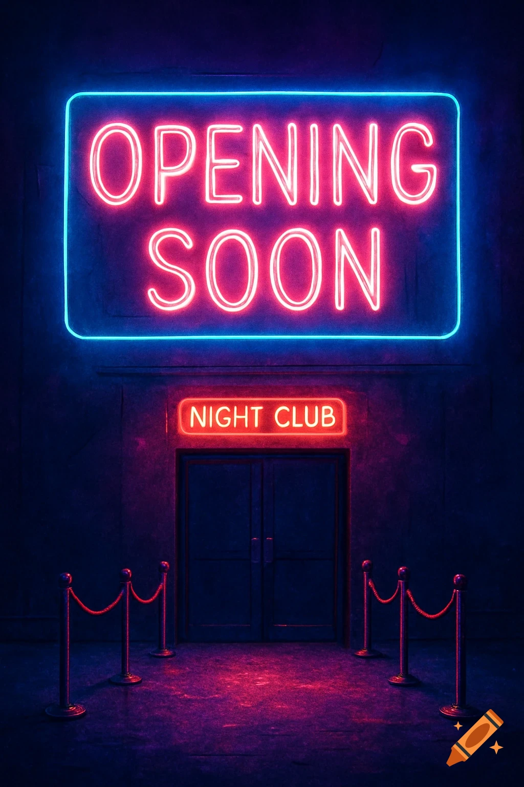 Night club entrance with neon signs saying OPENING SOON on Craiyon