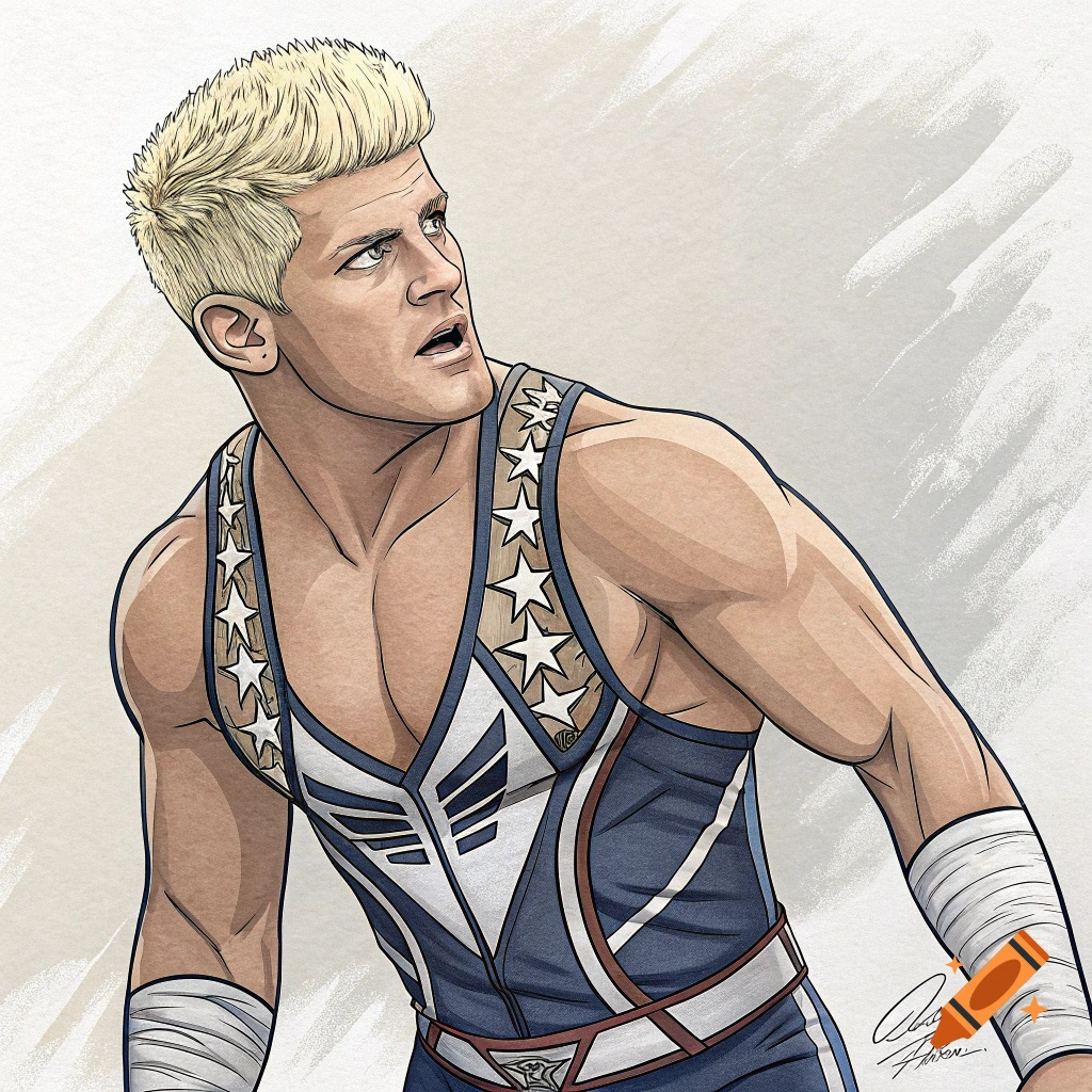 Illustration of professional wrestler Cody Rhodes looking up, wearing a ...