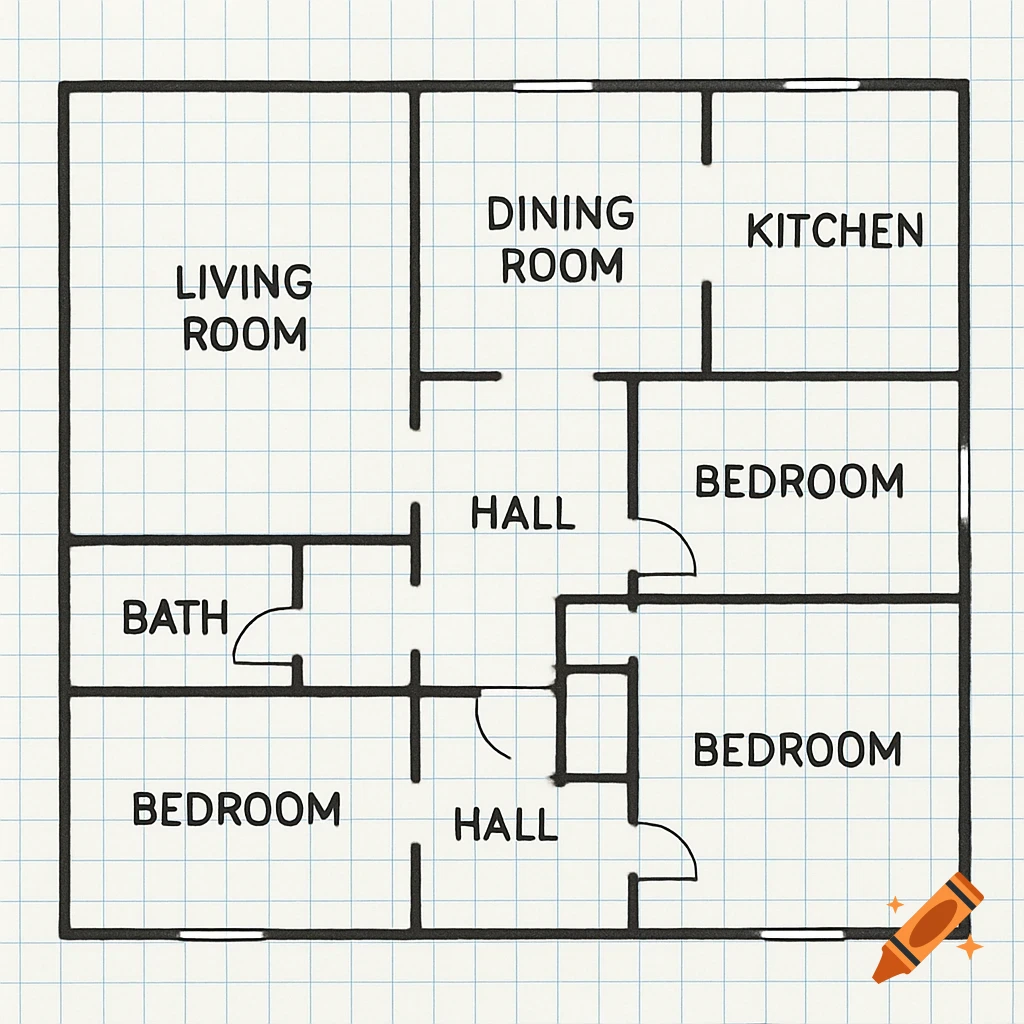 Floor plan drawing of a house on graph paper, labeling rooms like ...