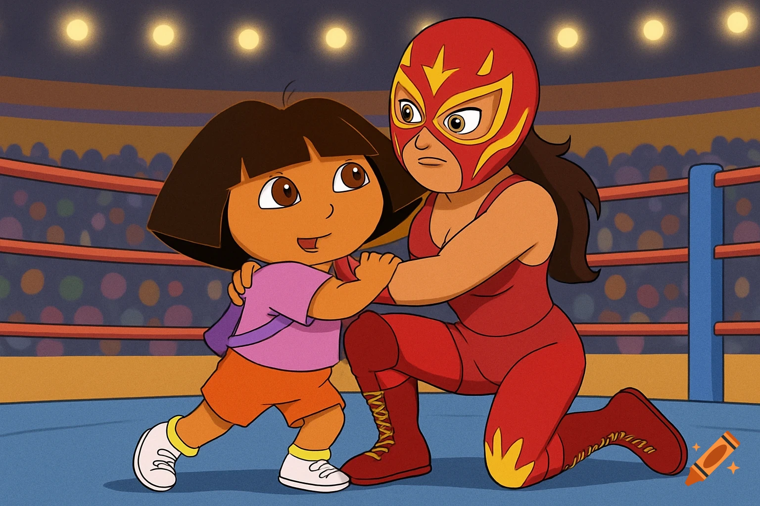 Cartoon of Dora the Explorer with a masked female wrestler in a wrestling ring on Craiyon