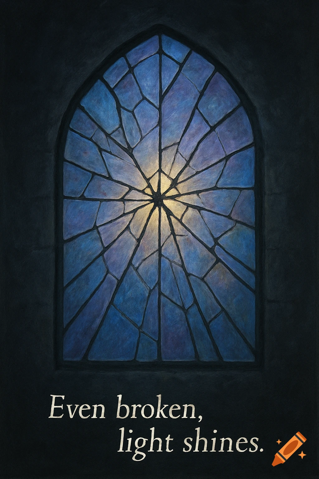 A fractured stained glass window with light shining through and text ...
