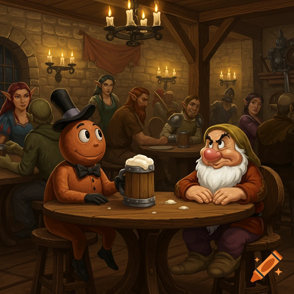 A cartoon character and a grumpy dwarf sit at a table with beer in a ...