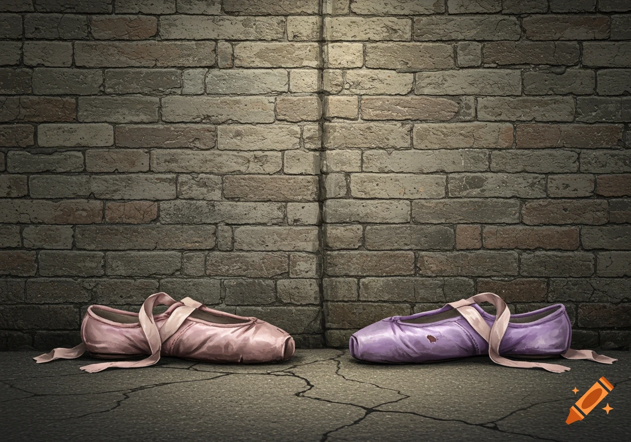 Two worn ballet shoes, one pink and one purple, separated by a line on ...