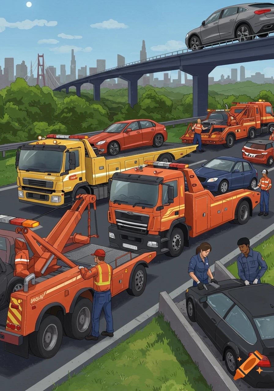 Illustration of multiple tow trucks on a road tending to cars, with a ...