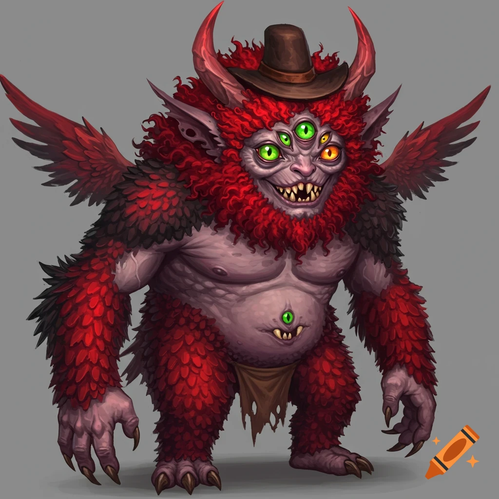 A red and black furry monster with five green and yellow eyes, horns ...