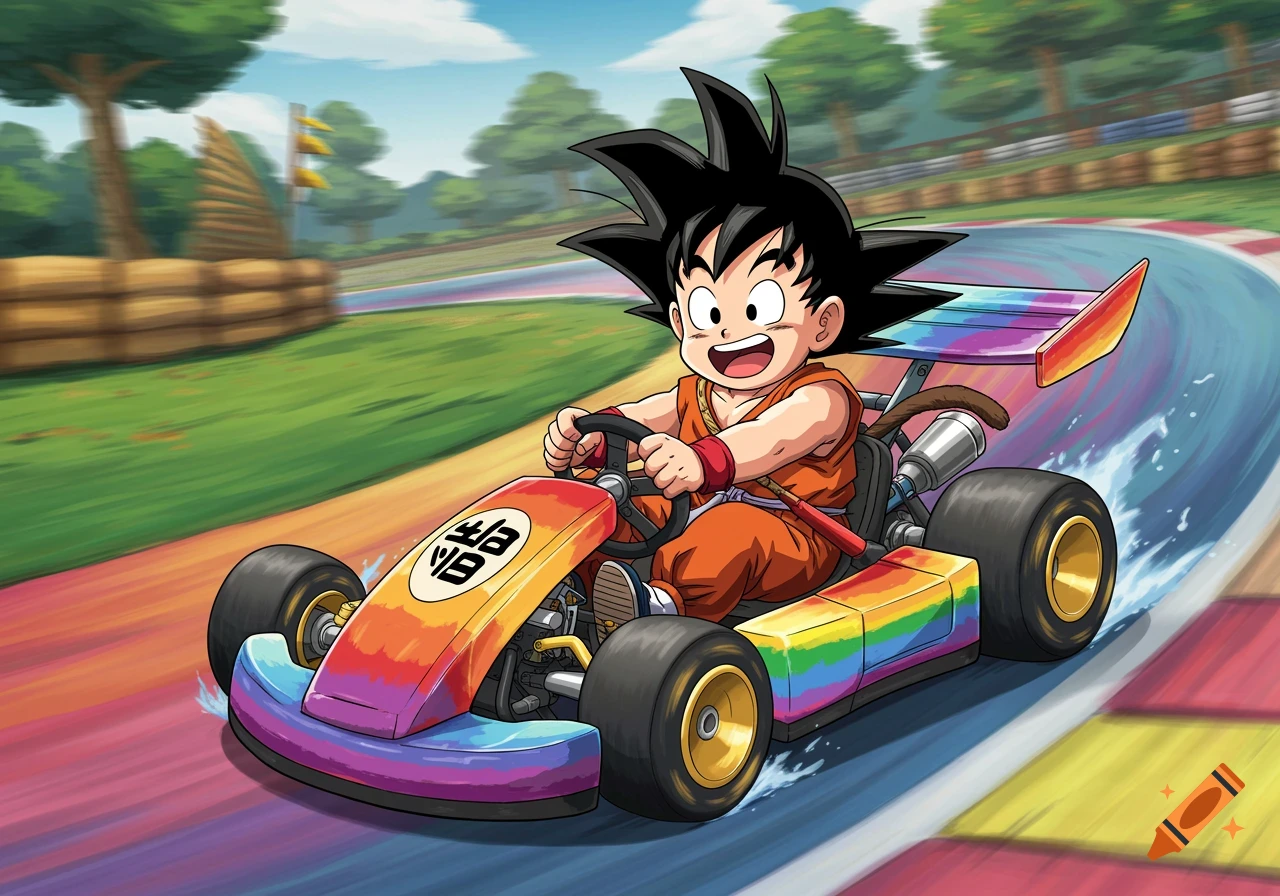 Kid Goku drives a rainbow racing kart on a track in an anime style ...