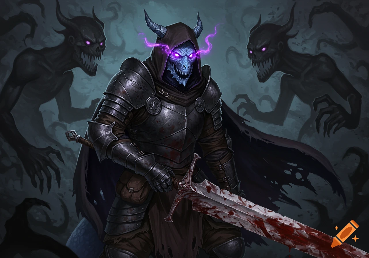 A dragonborn warrior in black armor with glowing purple eyes wields a ...
