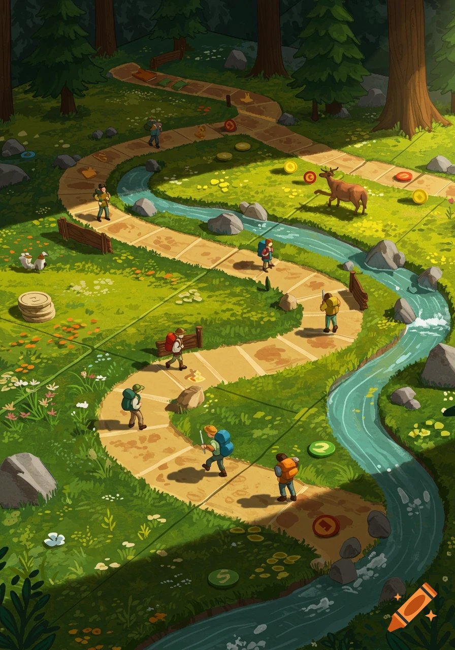 An illustration of a board game laid out like a forest trail with ...