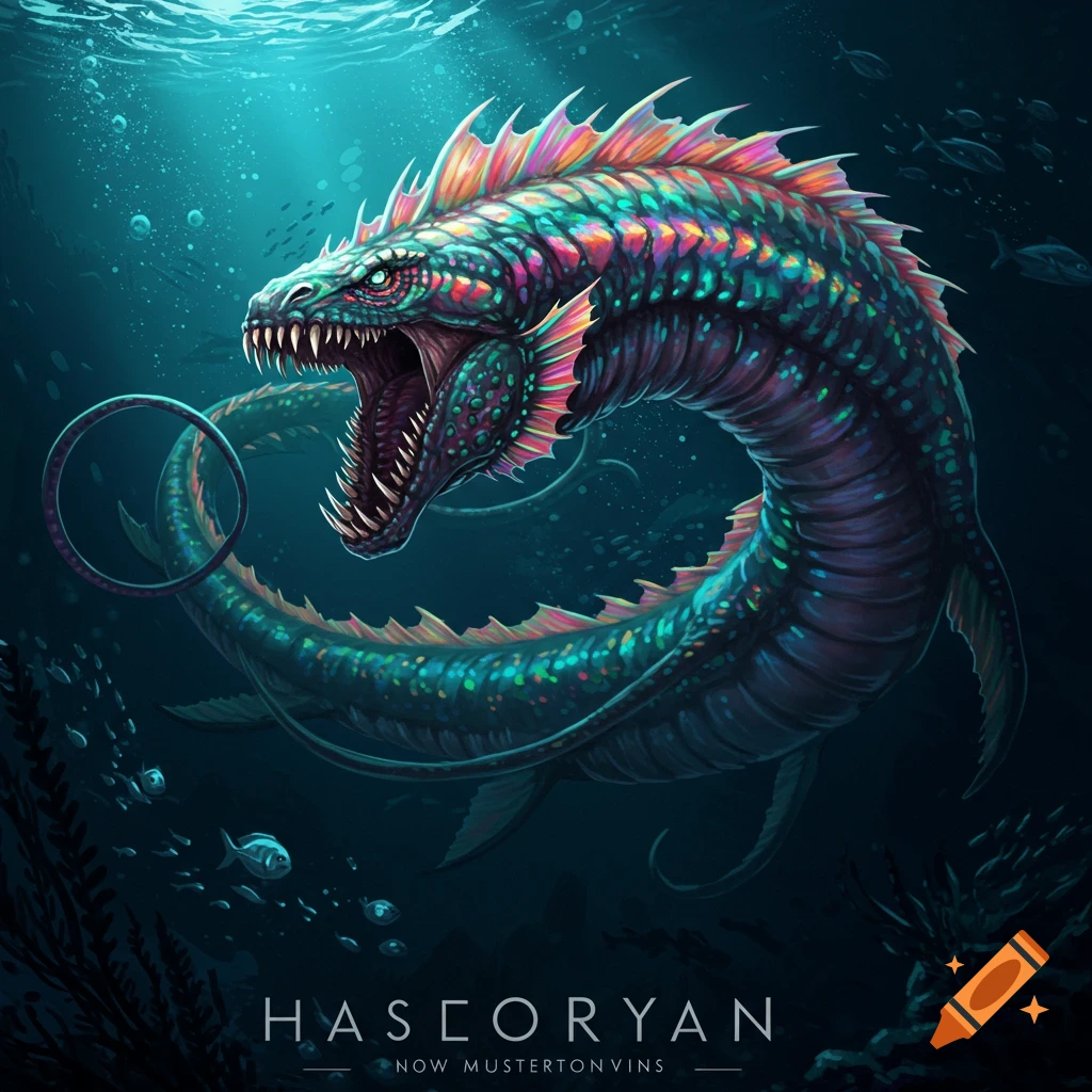 Colorful fantasy sea monster with sharp teeth swimming underwater on ...