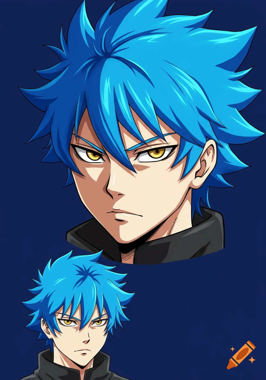 Anime style portrait of a male character with spiky blue hair and ...