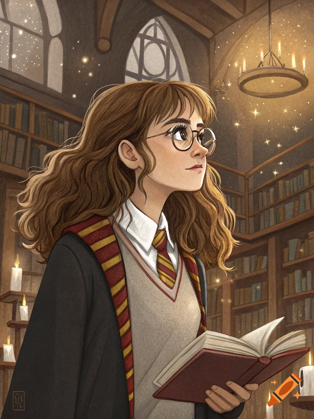 Illustration of Hermione Granger in a Hogwarts library, holding an open ...