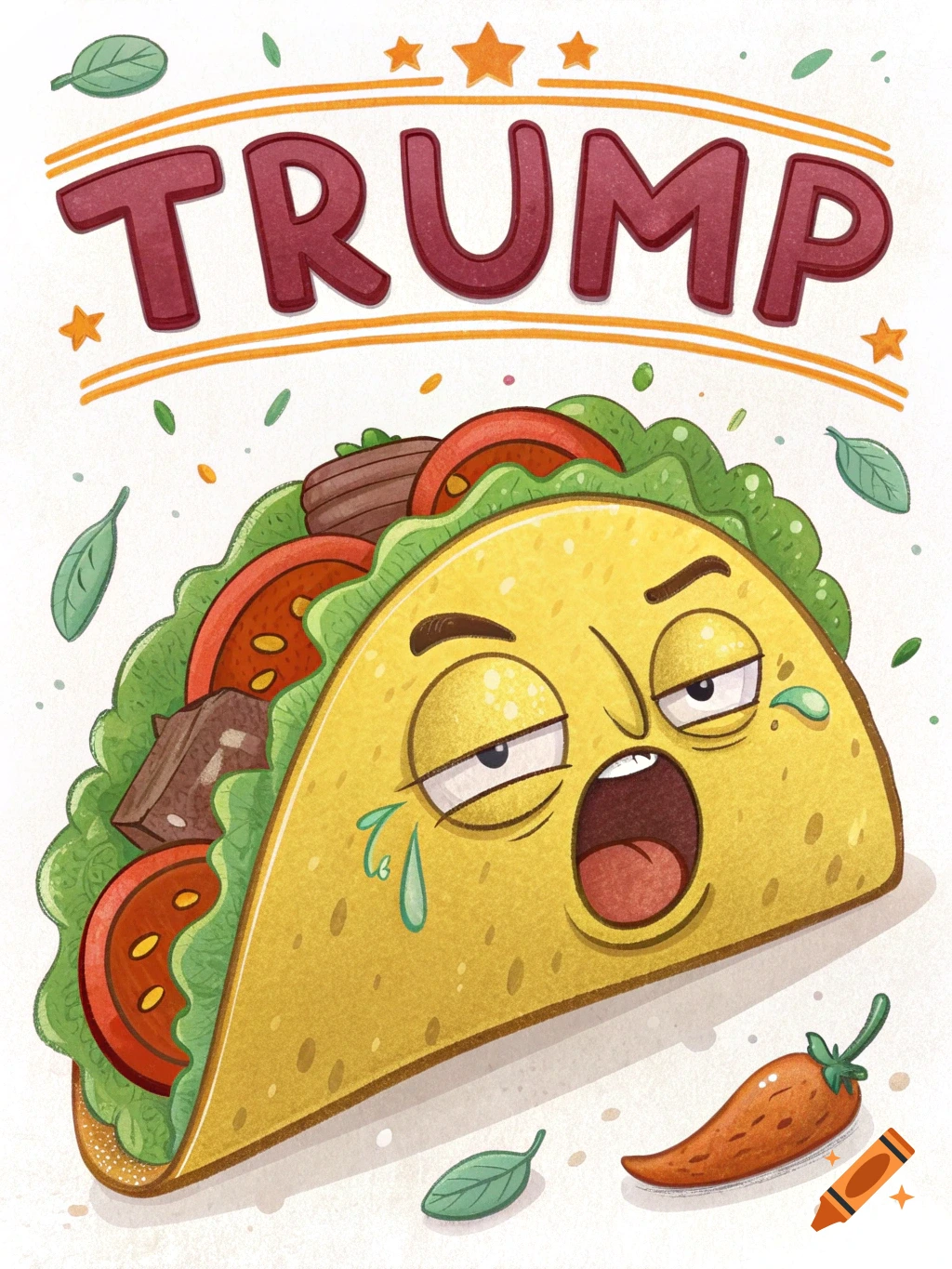 Cartoon illustration of a crying taco filled with lettuce, tomatoes ...