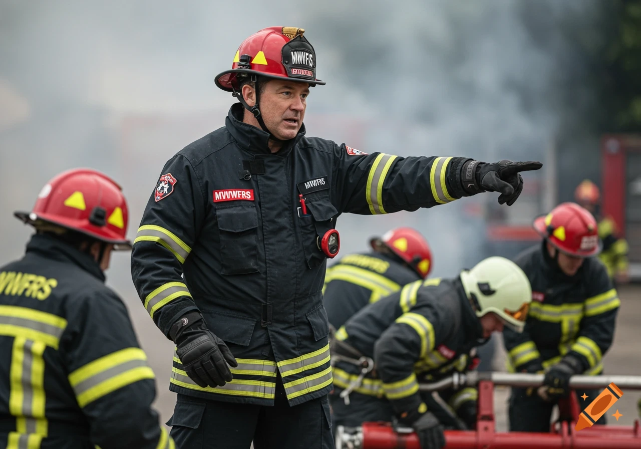 Fire chief pointing during a firefighter team drill on Craiyon
