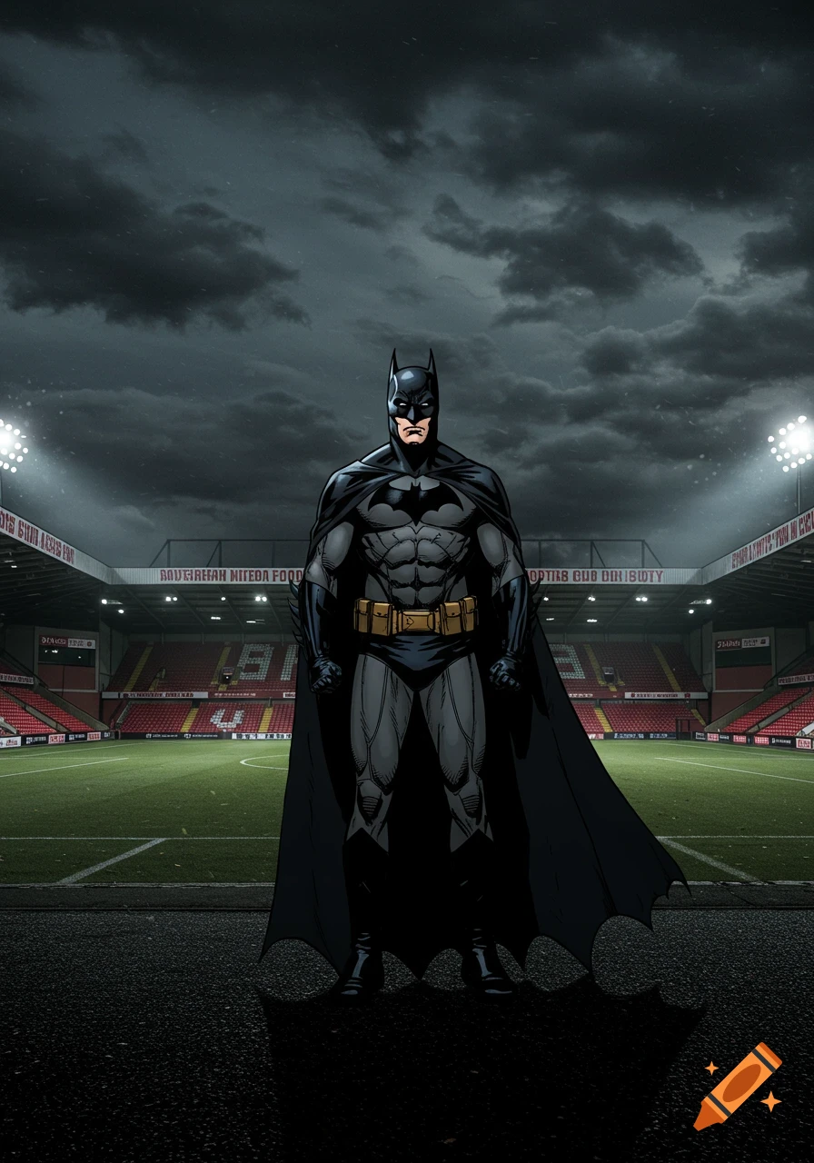 Batman stands in a dark football stadium under a cloudy sky on Craiyon
