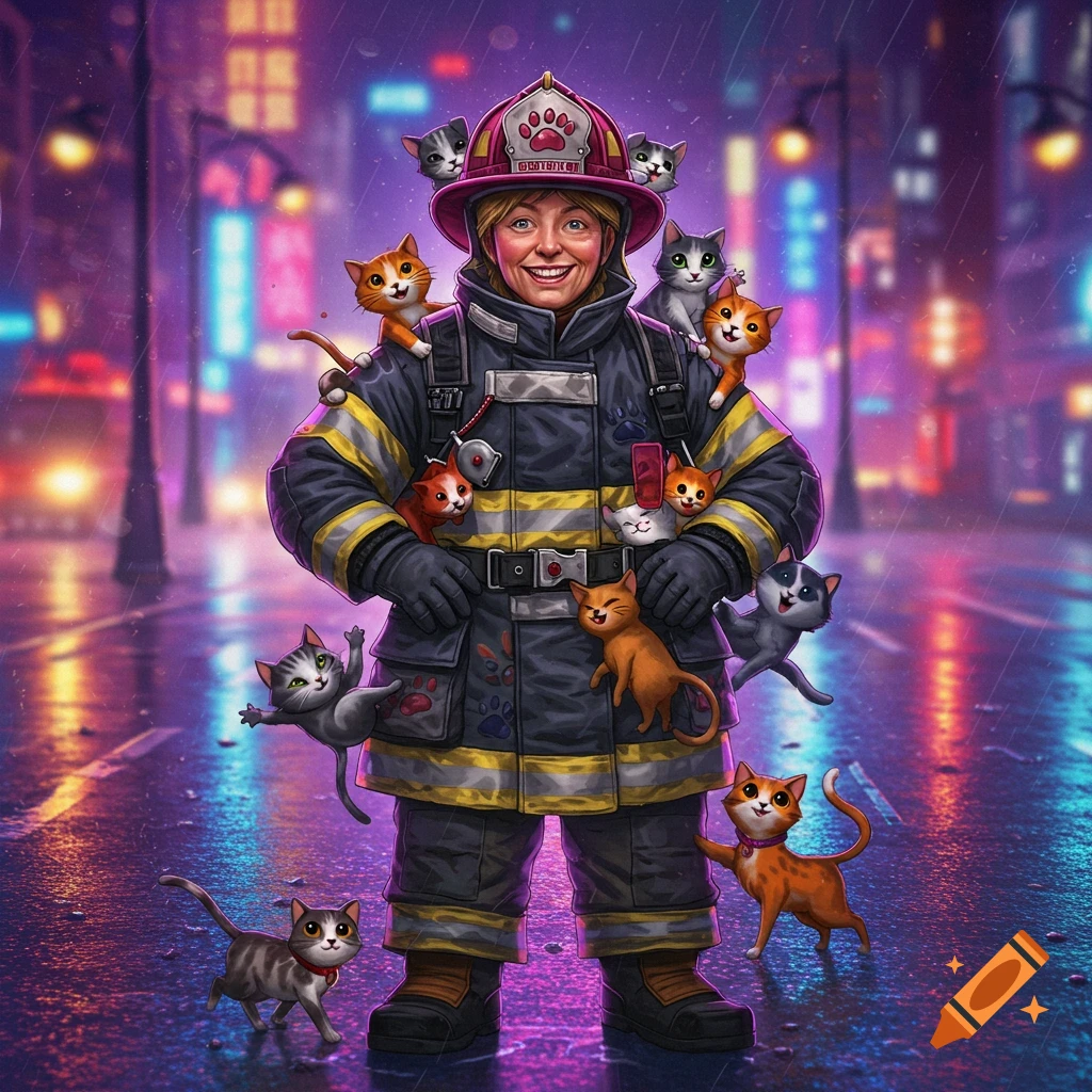 An illustrated firefighter is covered in cute cats on a rainy city ...