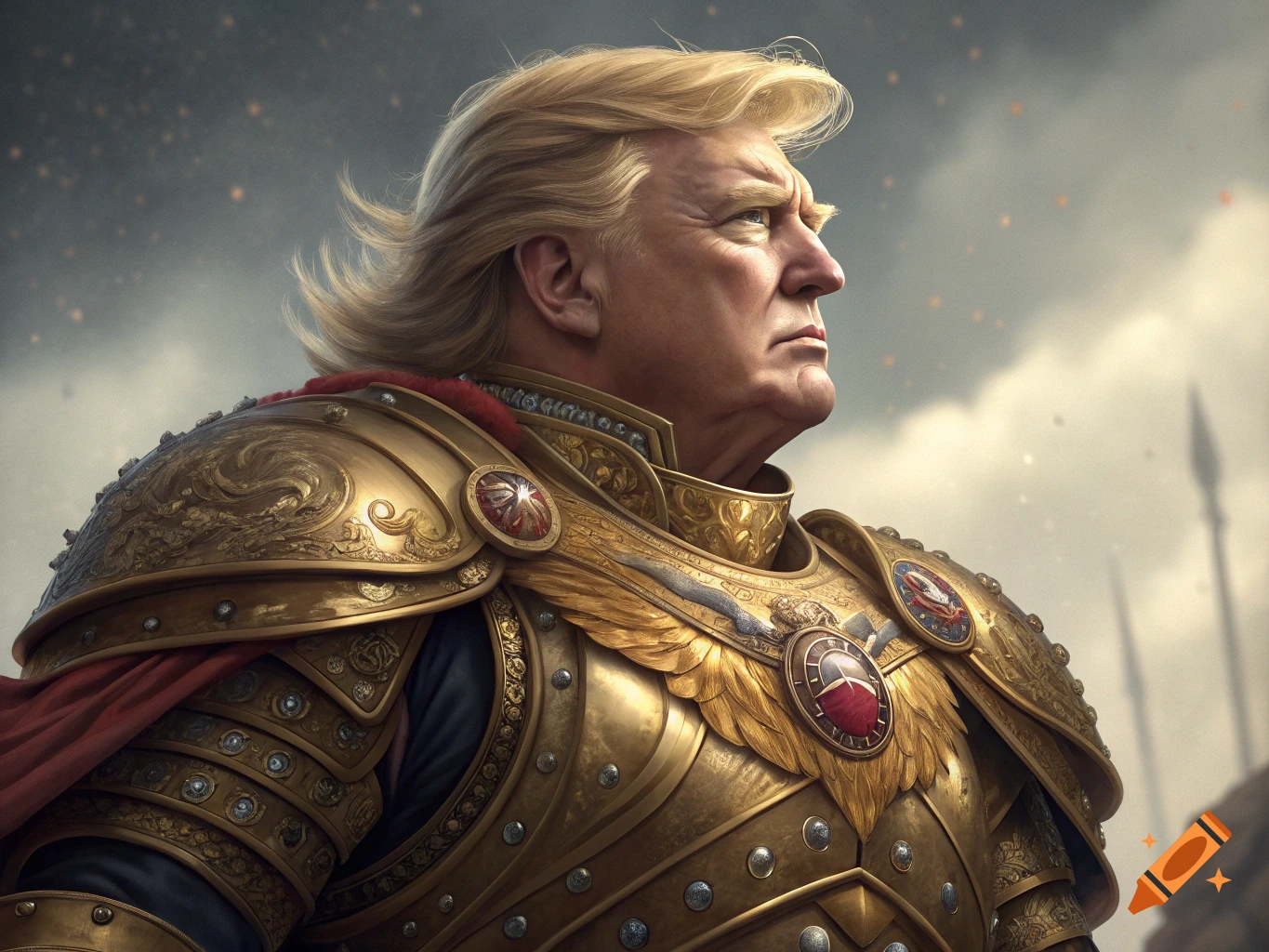 Person resembling Trump in detailed golden fantasy armor on Craiyon