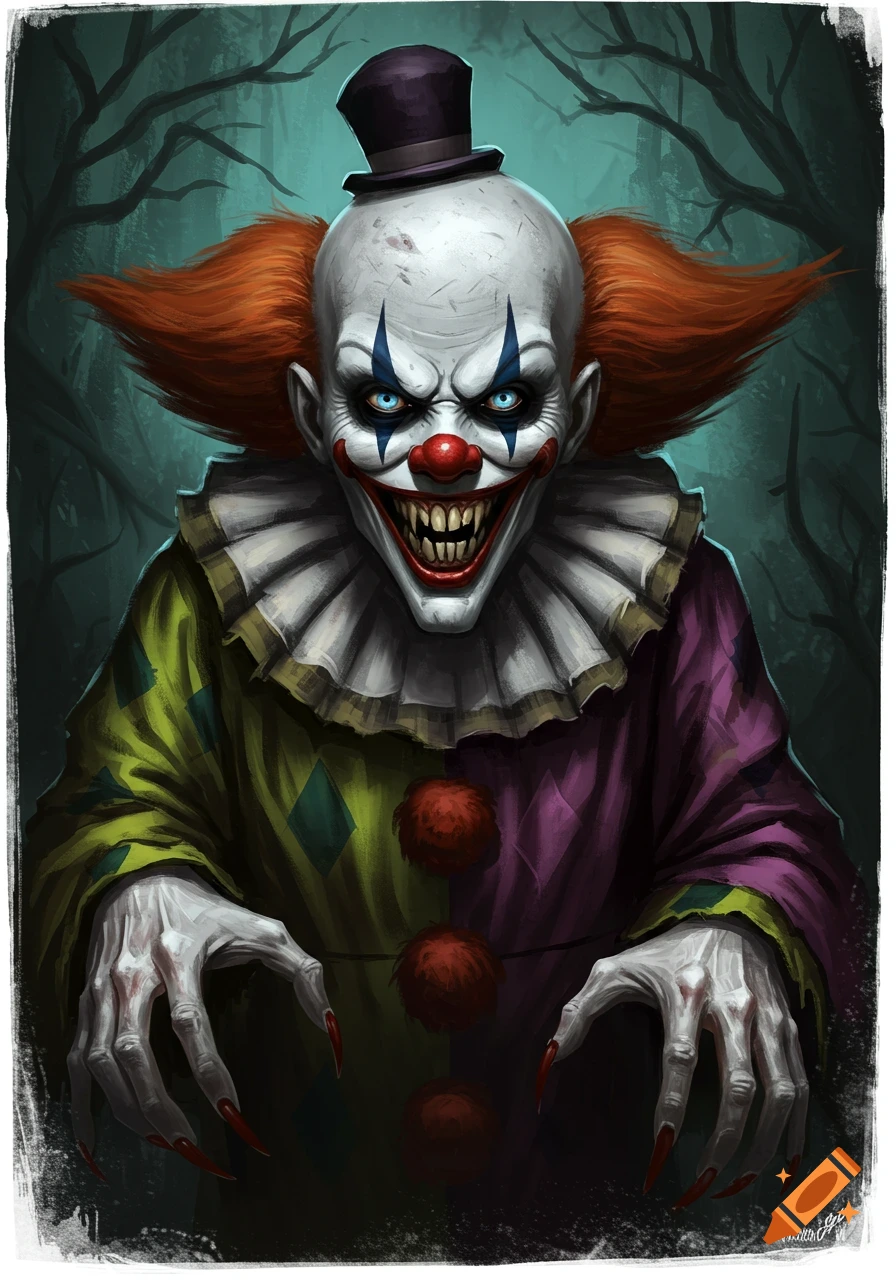 Close-up of a scary clown with sharp teeth, glowing blue eyes, and long ...