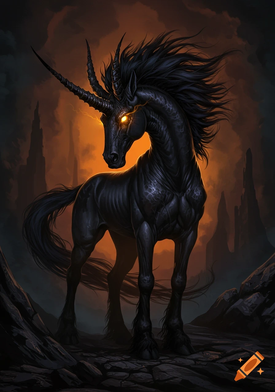 Dark fantasy unicorn with glowing eyes in a rocky hellscape on Craiyon