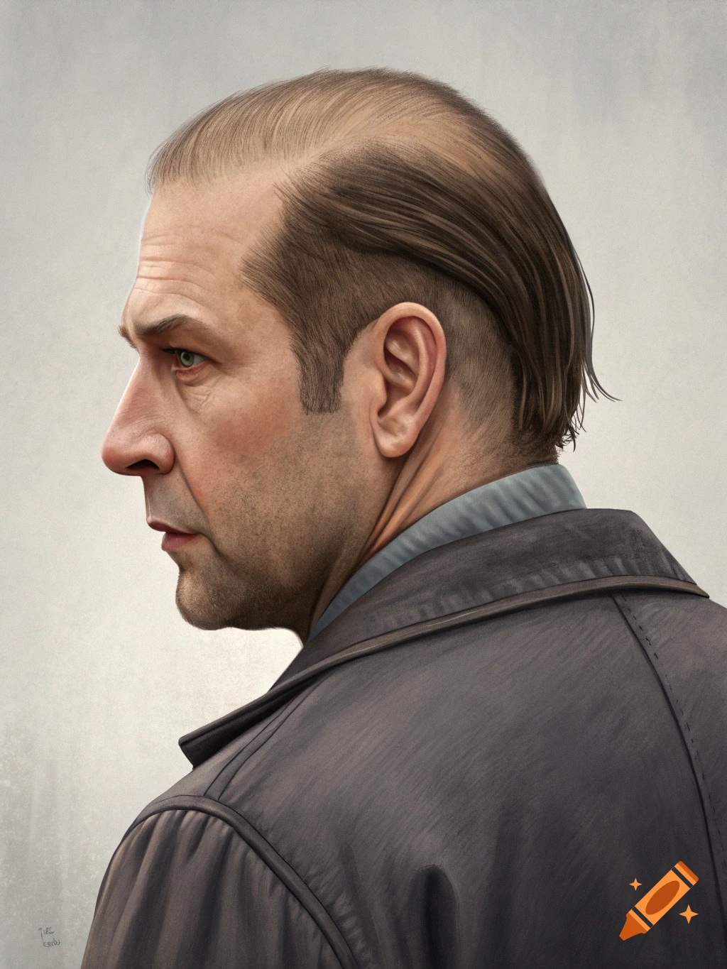 Realistic profile portrait of a man with a receding hairline wearing a ...