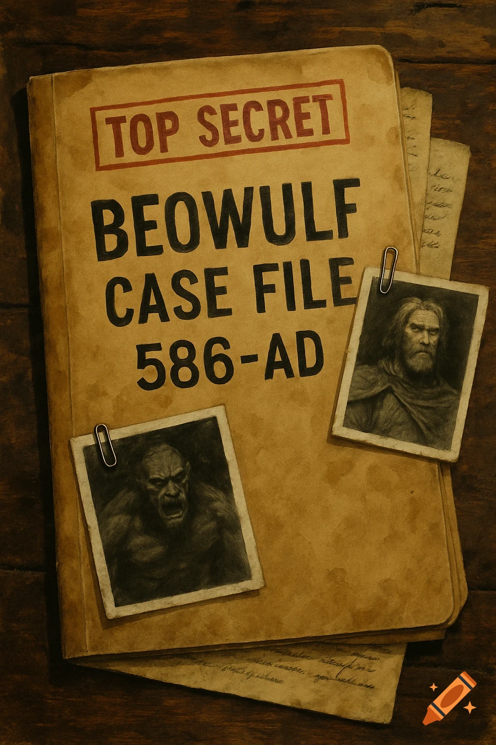 A folder labeled "TOP SECRET: BEOWULF CASE FILE 586-AD" sits on a ...