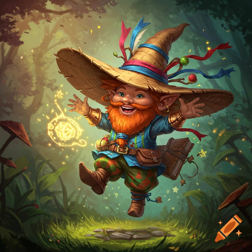 A cheerful gnome with a large hat levitates and casts magic in a forest ...