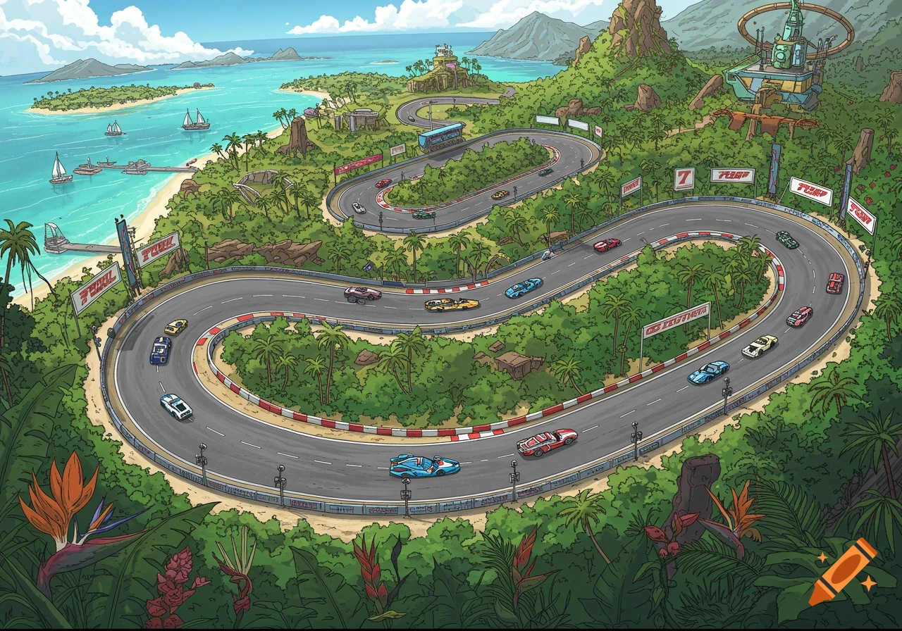 Illustration of a race track winding through a tropical island ...