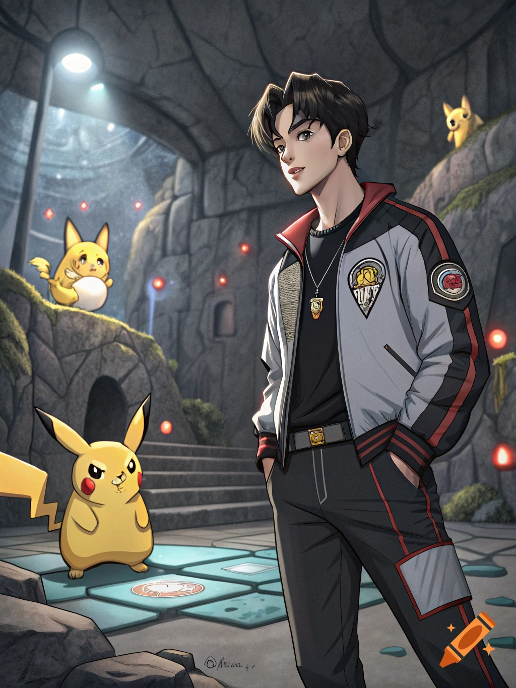 Anime-style man with Pikachu and other Pokemon in a stone cave. on Craiyon