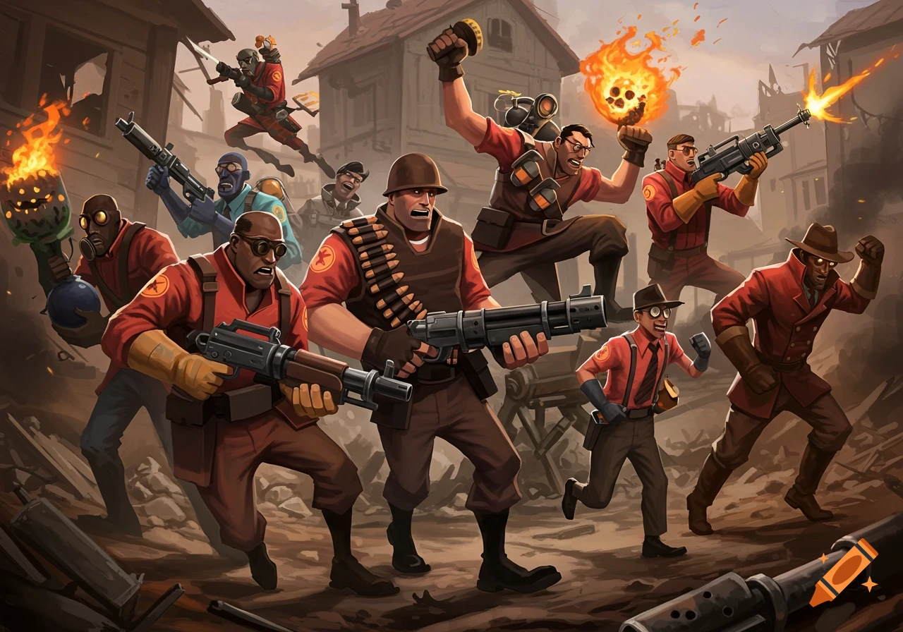 Illustration of multiple Team Fortress 2 characters in a dynamic battle ...