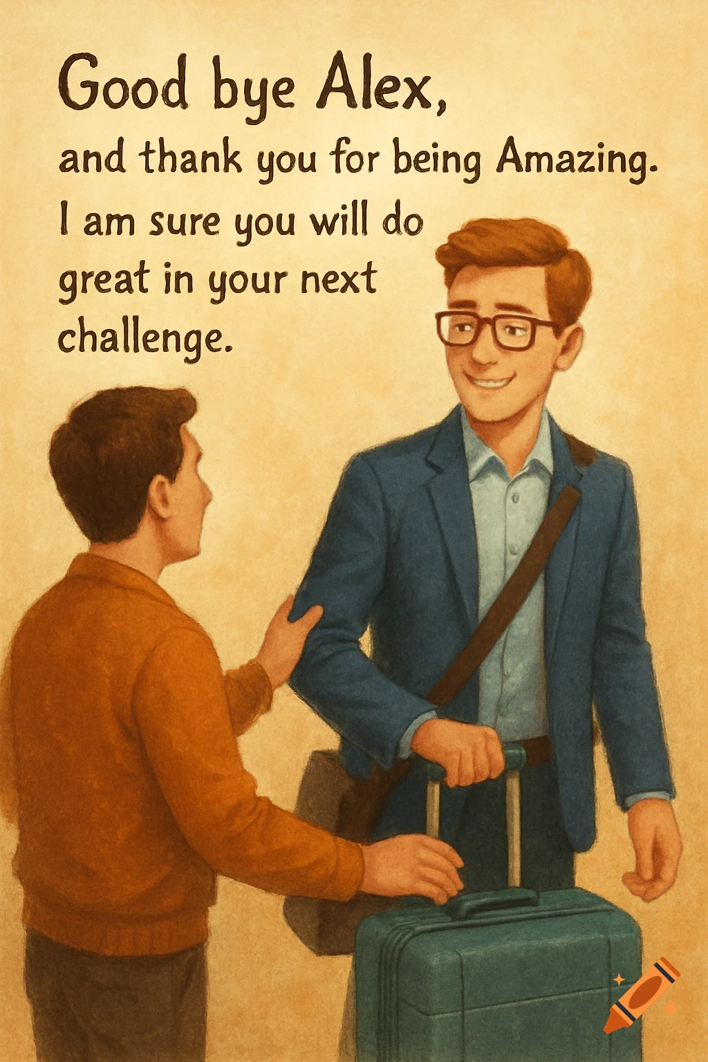 Illustration of two men saying goodbye, one with a suitcase, with the ...