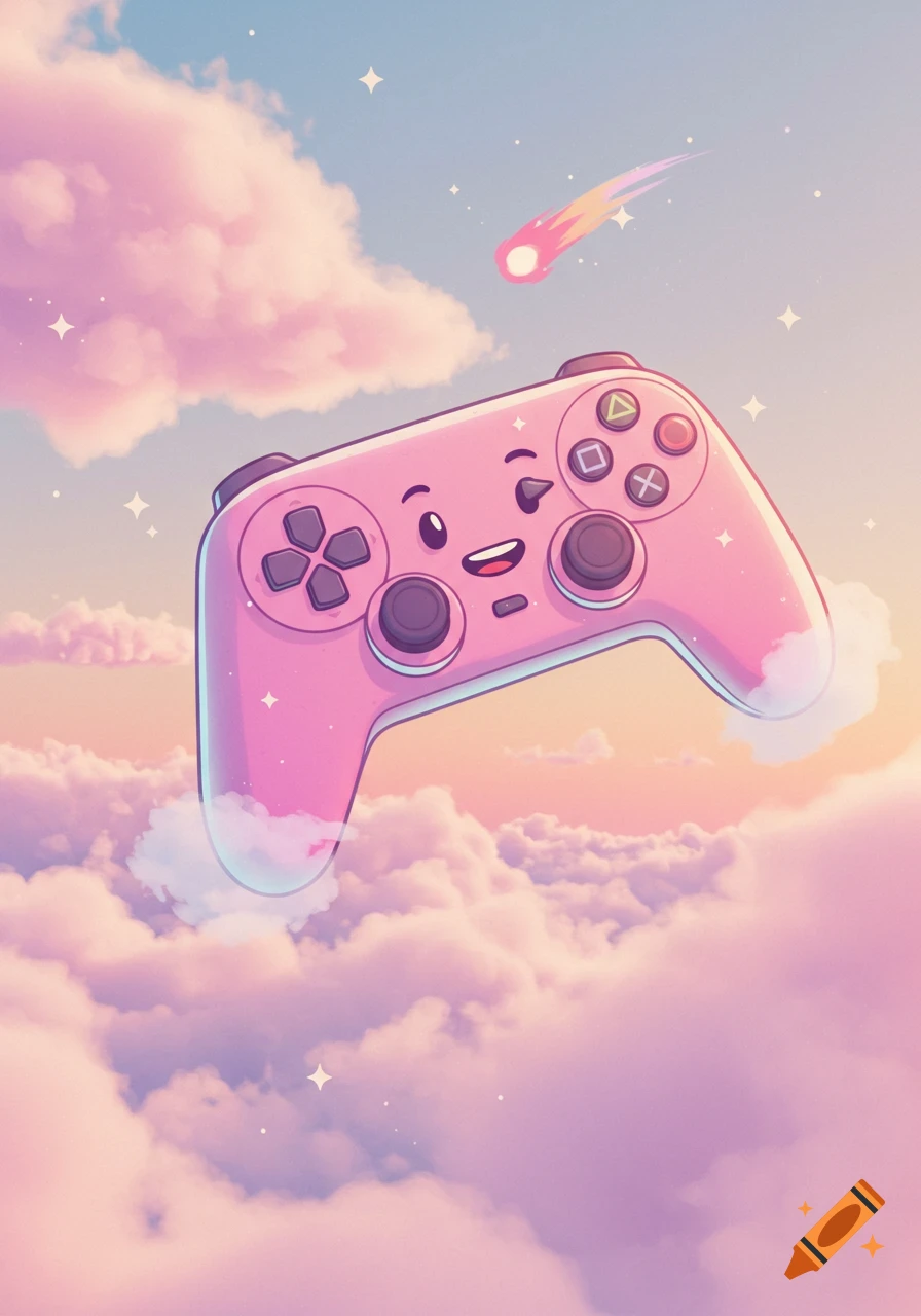 Cute cartoon pink game controller floats in pastel sky with clouds ...