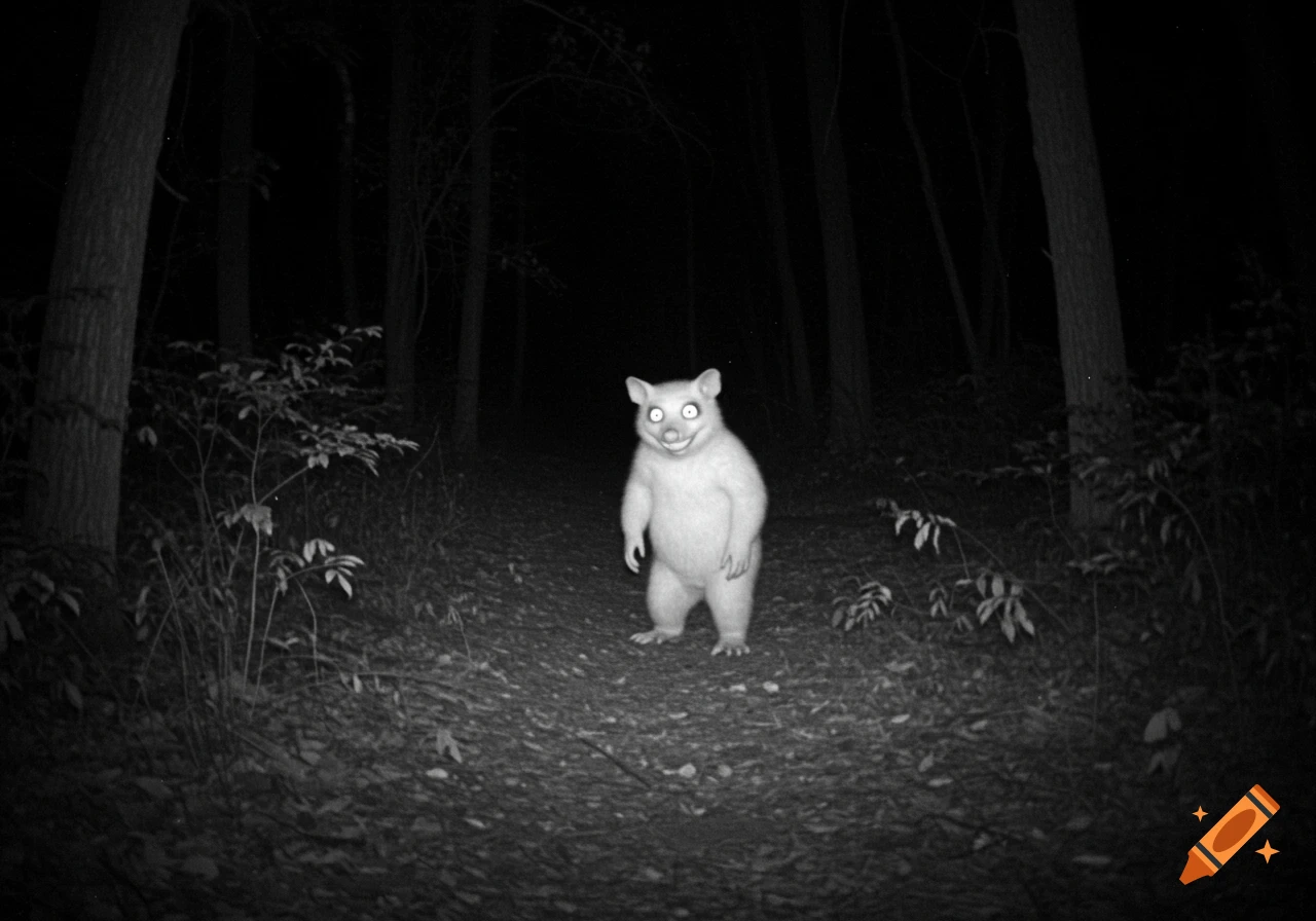A creepy, pale creature with large eyes stands on a dark forest path at ...