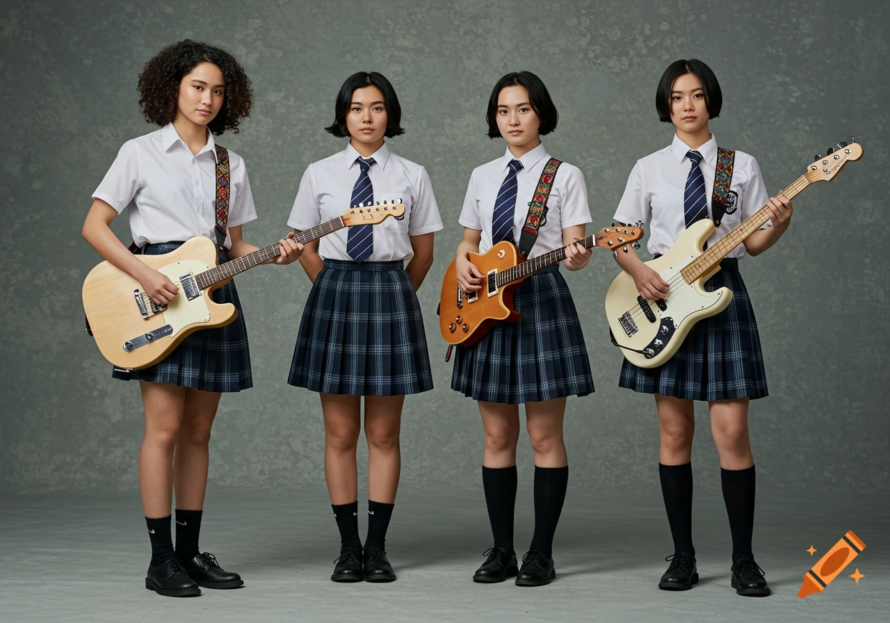 Four young women in school uniforms pose with guitars and a bass guitar ...