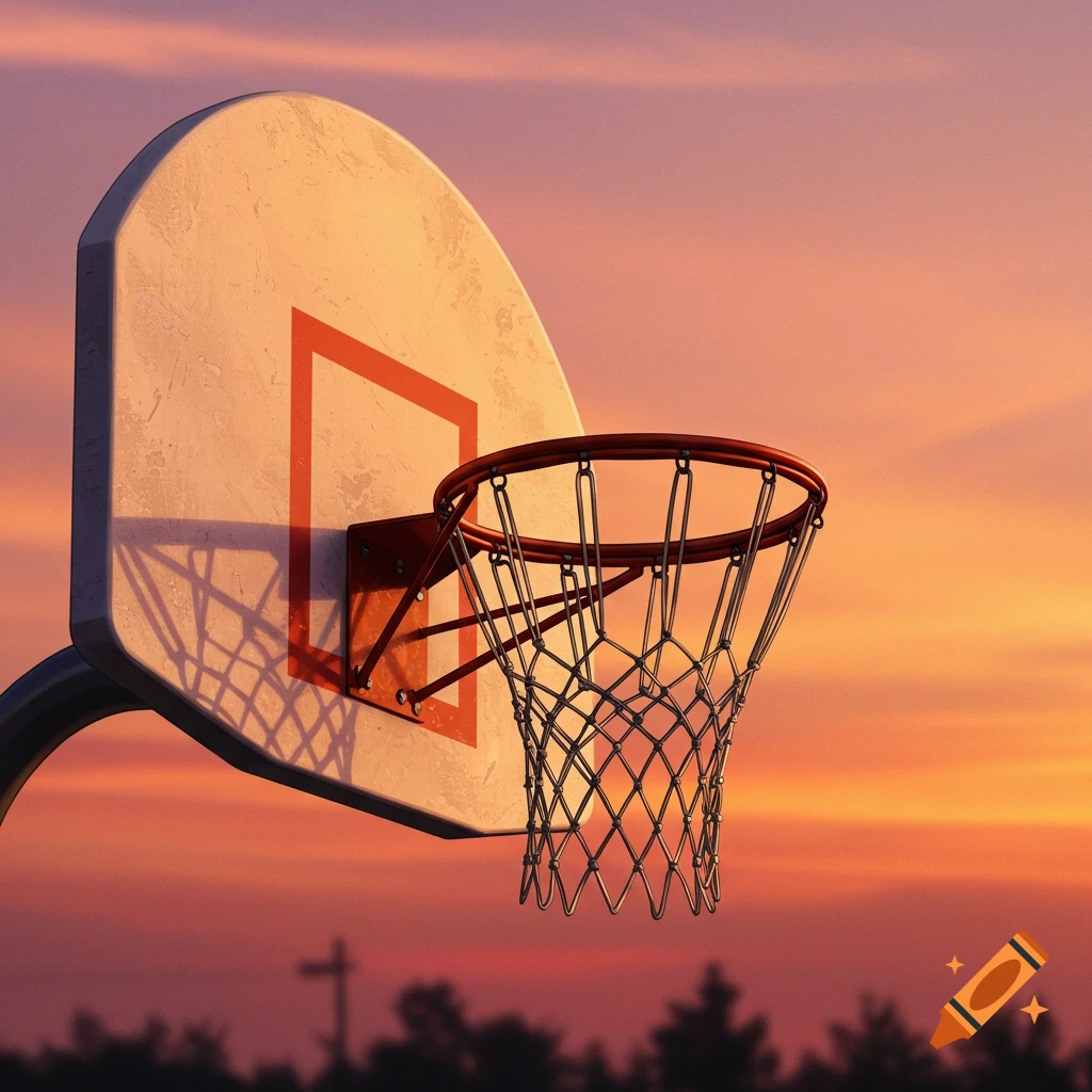 A close-up of a basketball hoop and backboard against a vibrant orange ...