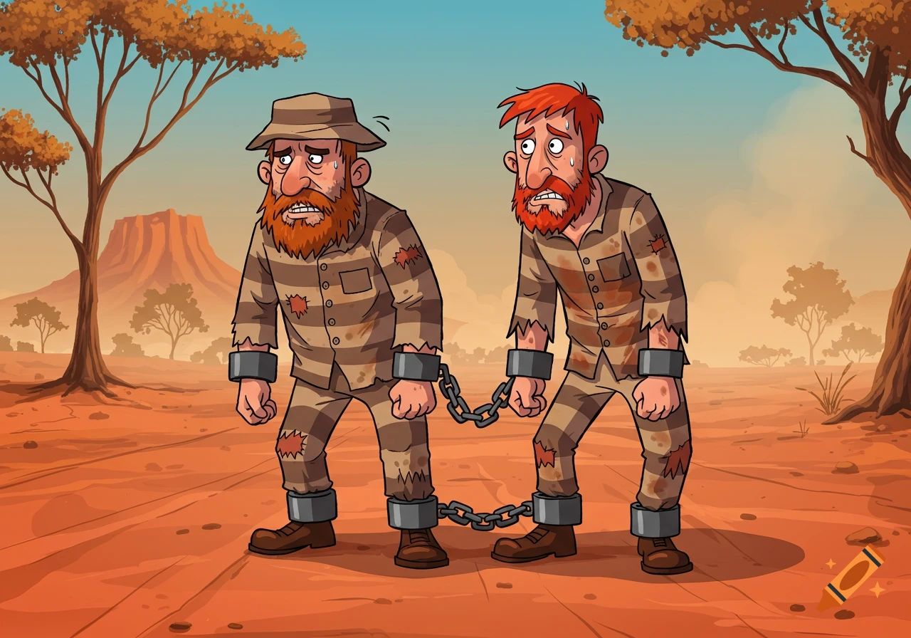 Cartoon of two unhappy men in striped prison uniforms chained together ...
