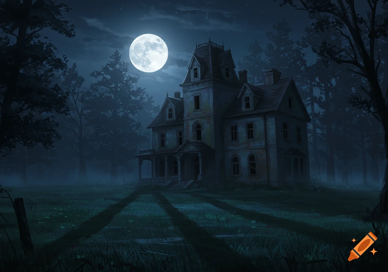 A spooky, old manor house is silhouetted against a full moon and dark ...