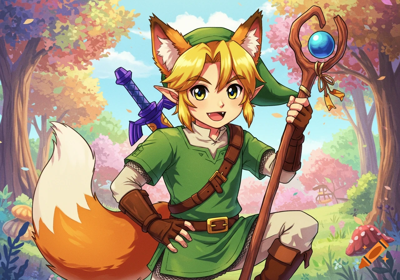 Anime character resembling Link with fox ears and tail, holding a staff ...