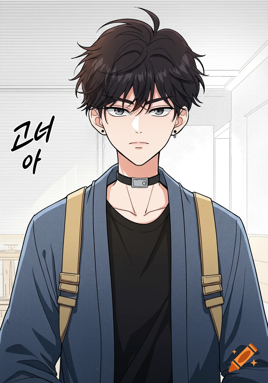 Manhwa drawing of a young man with a choker and backpack. on Craiyon