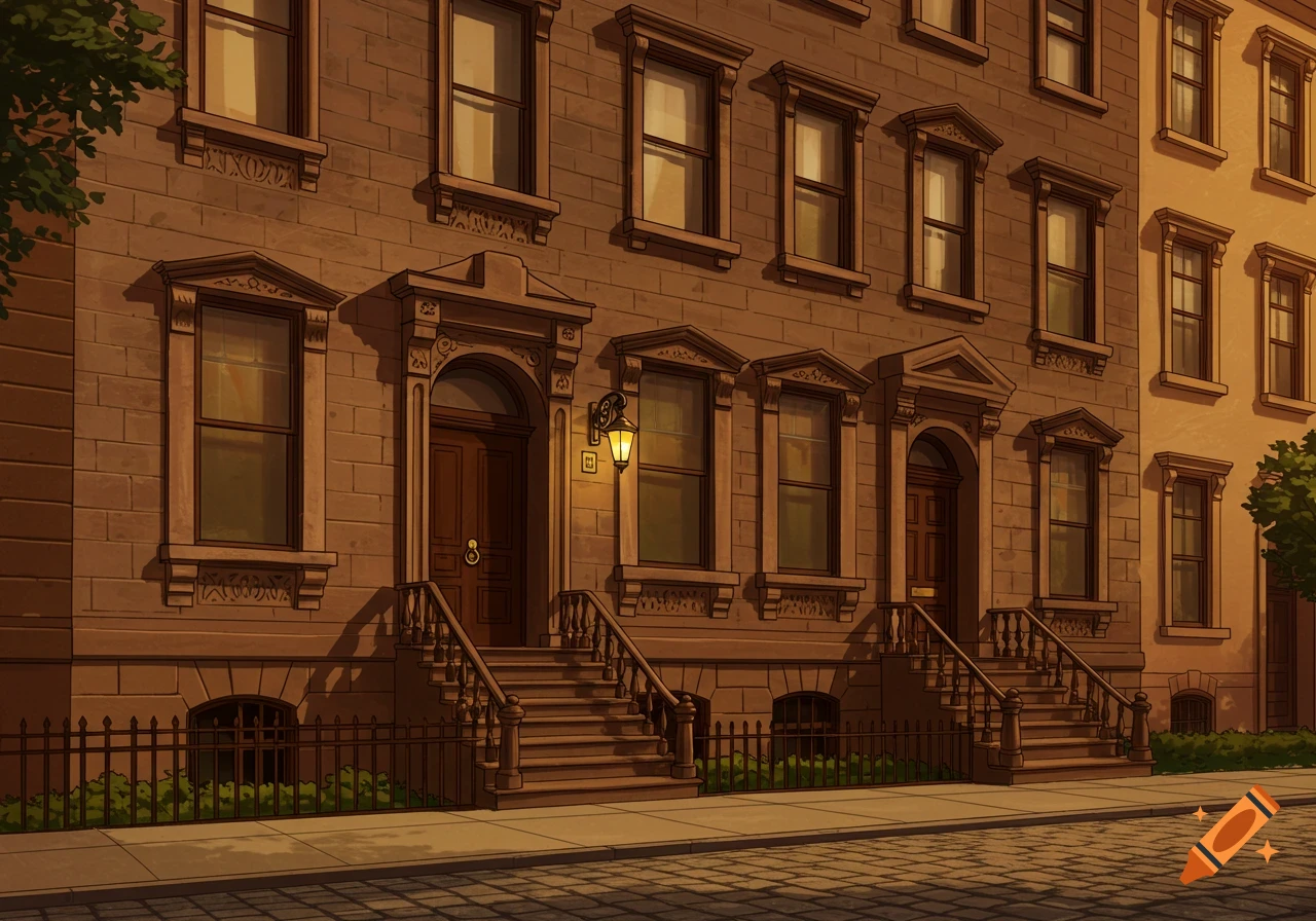 Illustrative view of classic brownstone houses with steps leading to ...