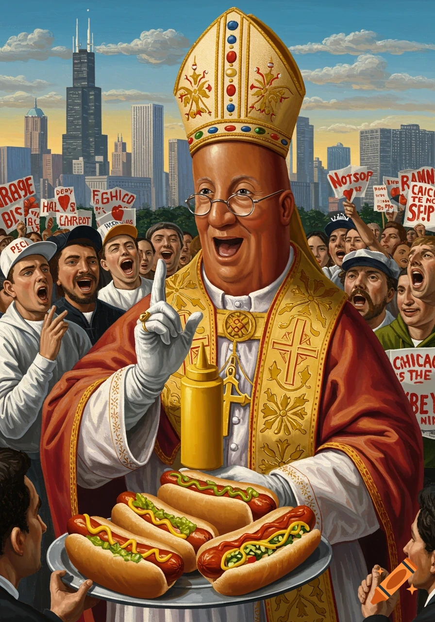 Painting of a pope holding hot dogs and a mustard bottle in front of a ...