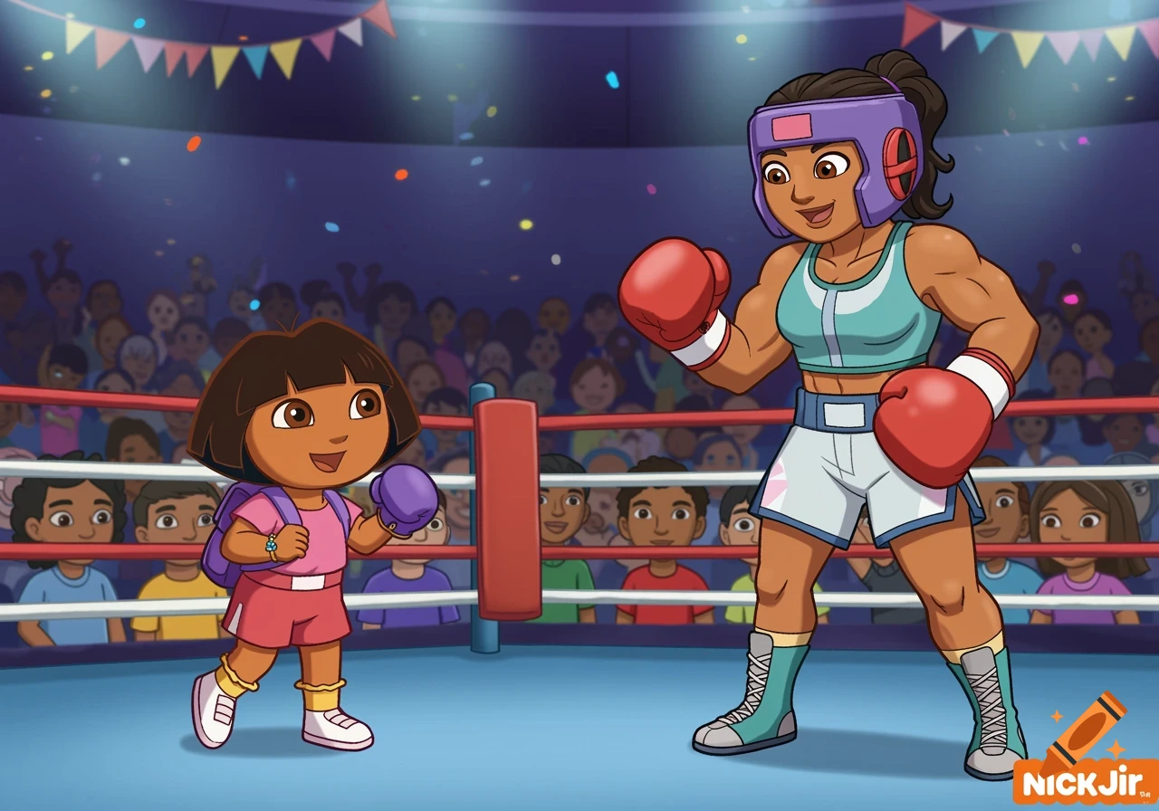 Cartoon of Dora the Explorer and a female boxer in a boxing ring. on ...
