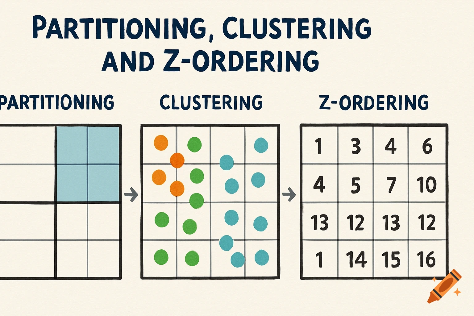 Diagram illustrating partitioning, clustering, and z-ordering concepts ...